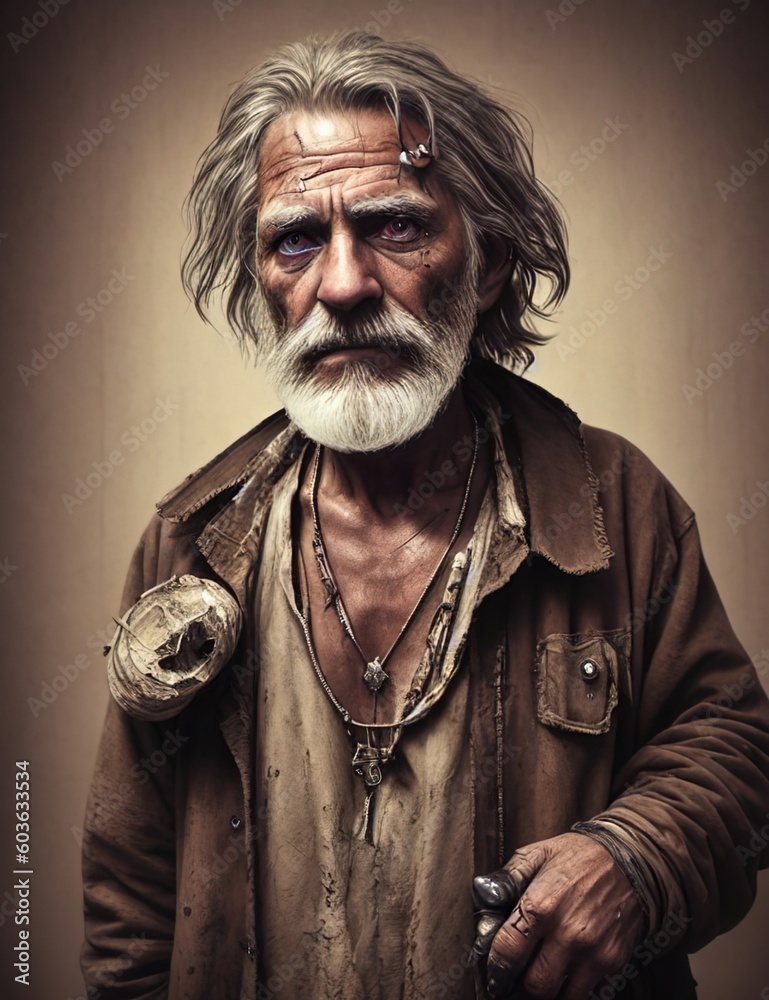 Stunning gifted homeless elderly man, haunted, dirty skin,old scarce ...