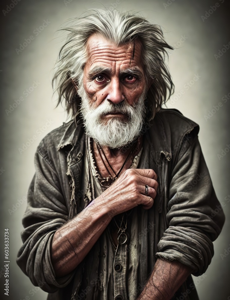 Stunning gifted homeless elderly man, haunted, dirty skin,old scarce ...