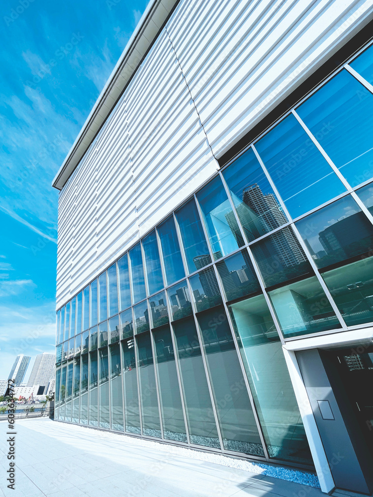 The sky in Tokyo, Japan, near the Ariake and Toyosu area is bright and ...