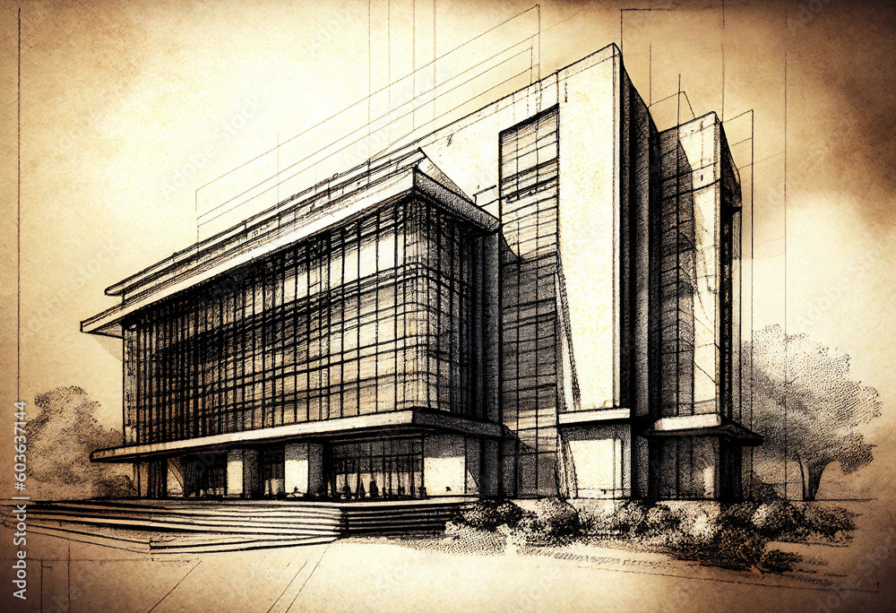 Architectural ink drawing design which is a blue print design by an ...