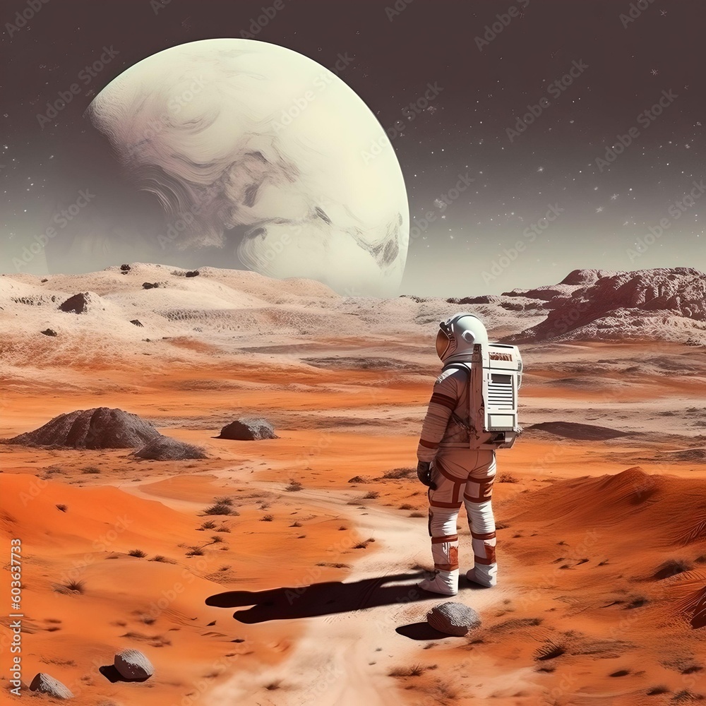 Back view of astronaut wearing space suit walking on a surface of a red ...