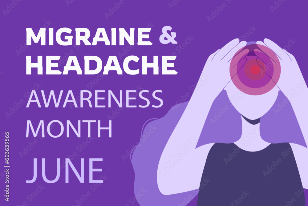 Migraine headache awareness month poster template with woman holding ...