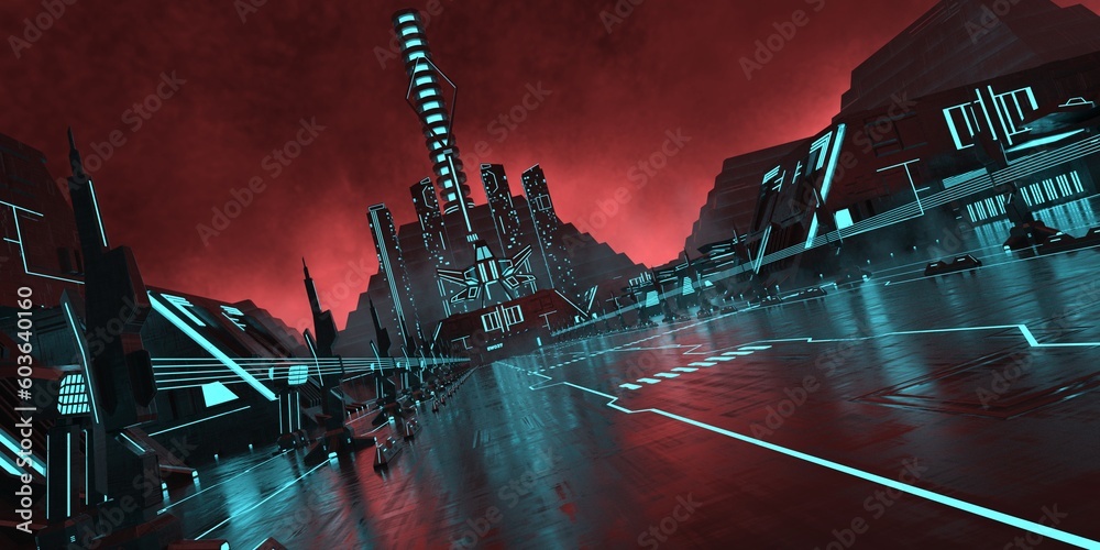 Cyberpunk futuristic city against red foggy sky. Urban future cityscape ...