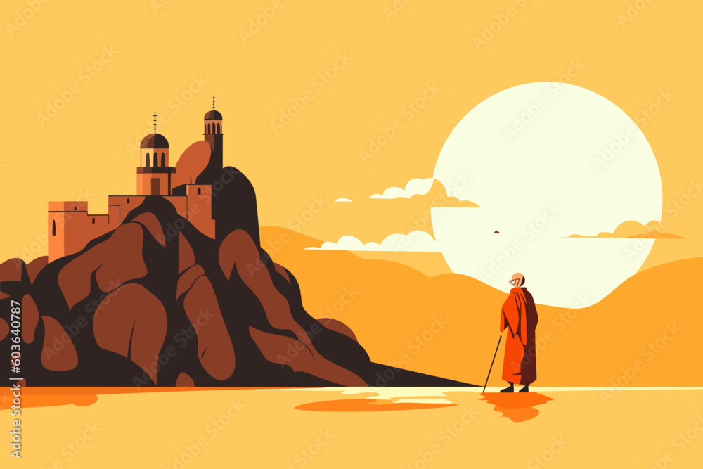 Doodle inspired Monk at monastery, cartoon sticker, sketch, vector ...