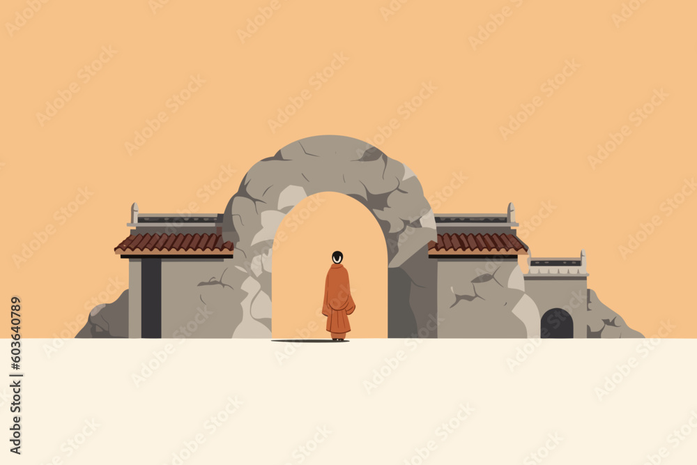 Vetor de Doodle inspired Monk at monastery, cartoon sticker, sketch ...