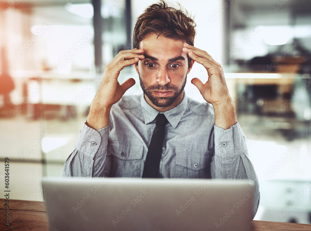 Businessman, laptop and headache in stress, anxiety or burnout in shock ...