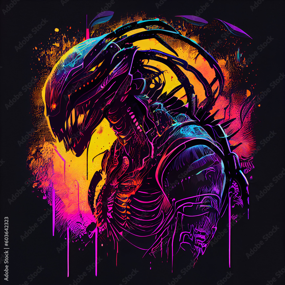 T-shirt Design of graphic warrior alien in vivid colors, Cybernetic art ...