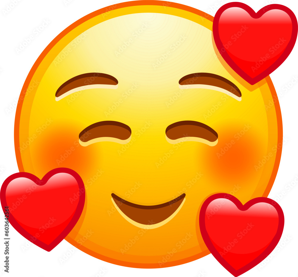 Top quality emoticon. In love emoji. Smiling emoticon with three hearts ...
