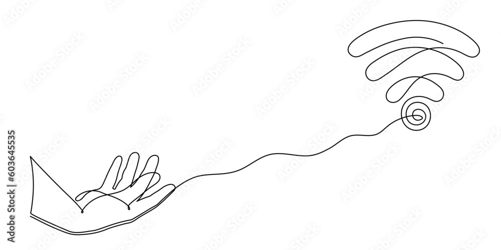Hand with WI-FI signal one line art,hand drawn pals holds internet ...