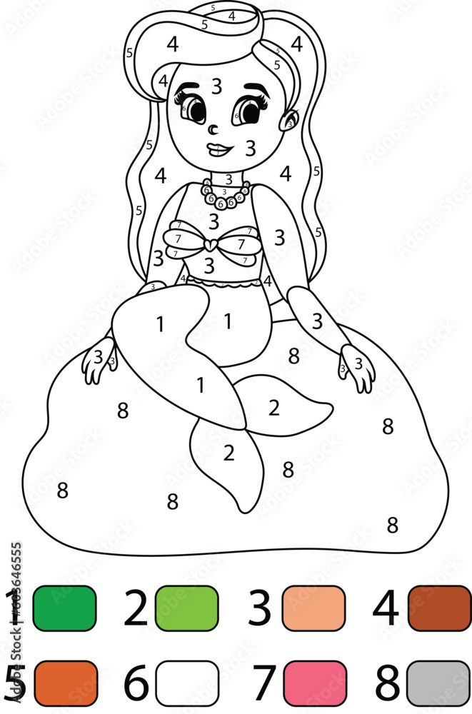 Mermaid Color By Number Coloring Pages Stock Vector | Adobe Stock