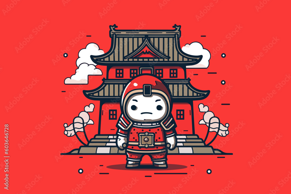 Doodle inspired Samurai at castle, cartoon sticker, sketch, vector ...
