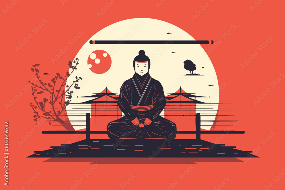 Vetor de Doodle inspired Samurai at dojo, cartoon sticker, sketch ...