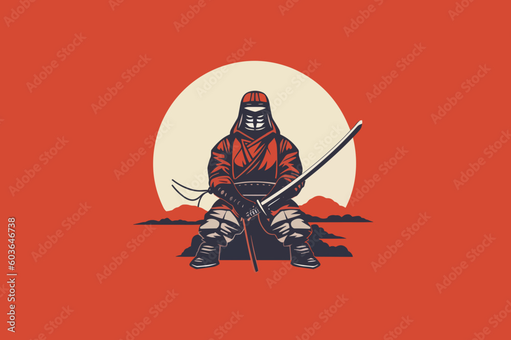 Vetor de Doodle inspired Samurai at dojo, cartoon sticker, sketch ...
