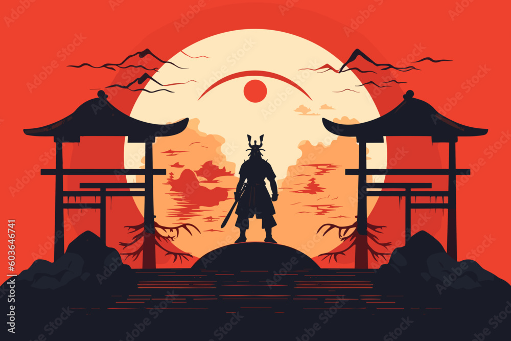 Doodle inspired Samurai at shrine, cartoon sticker, sketch, vector ...