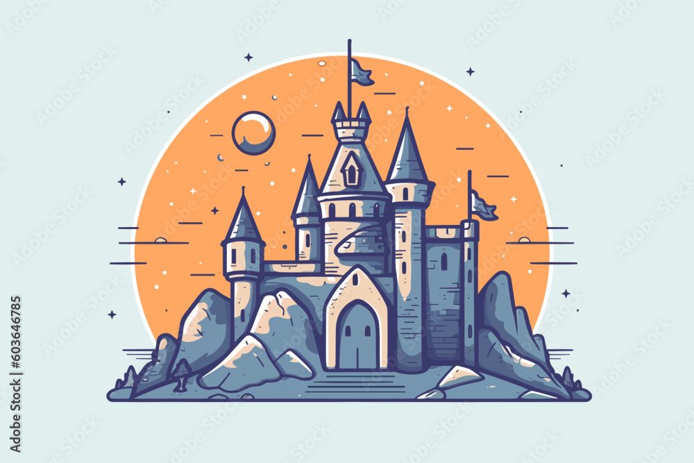 Doodle inspired Wizard at castle, cartoon sticker, sketch, vector ...