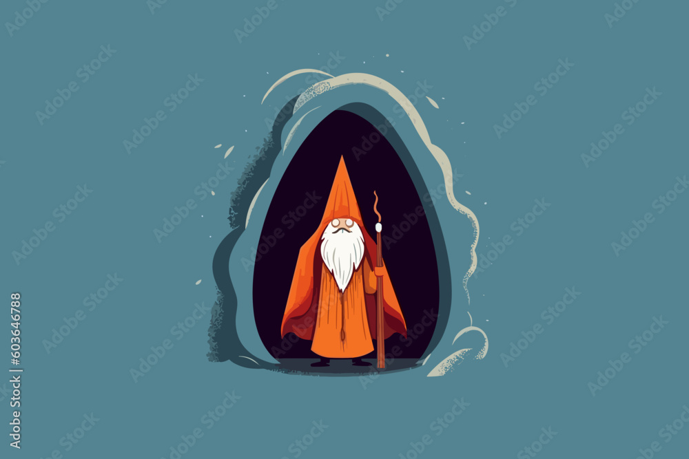 Doodle inspired Wizard at cave, cartoon sticker, sketch, vector ...