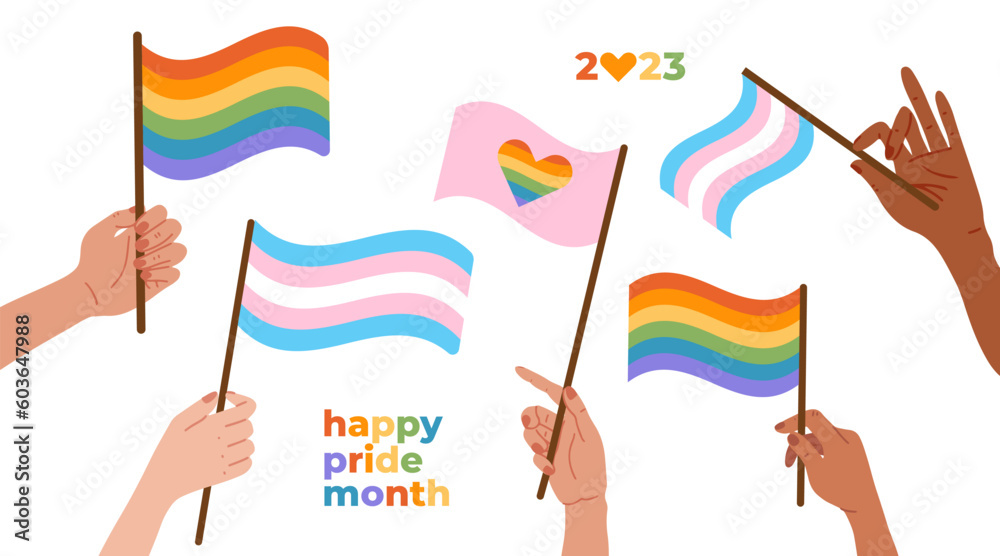 Vetor de Set of human Hands holding flags with lgbt and transgender ...
