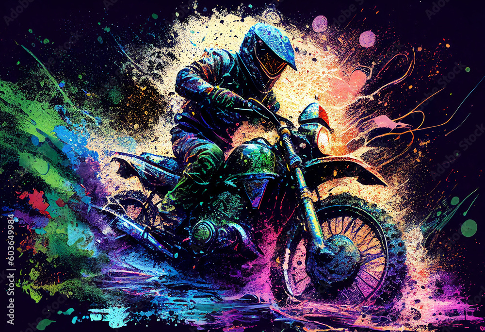Watercolour abstract painting of an off-road motorcycle and rider where ...