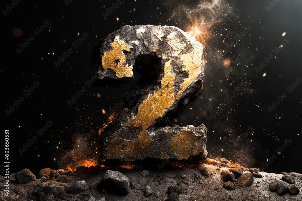 Stone style font.Golden number 2,two,forged from stone. Second place ...