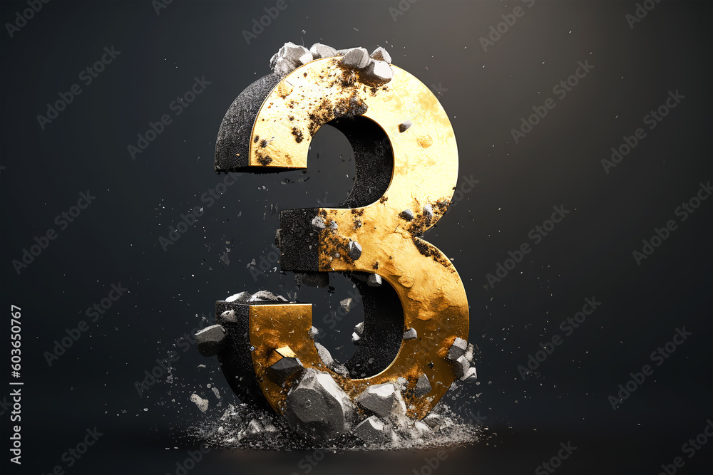 Stone style font.Golden number 3, three, forged from stone. third place ...