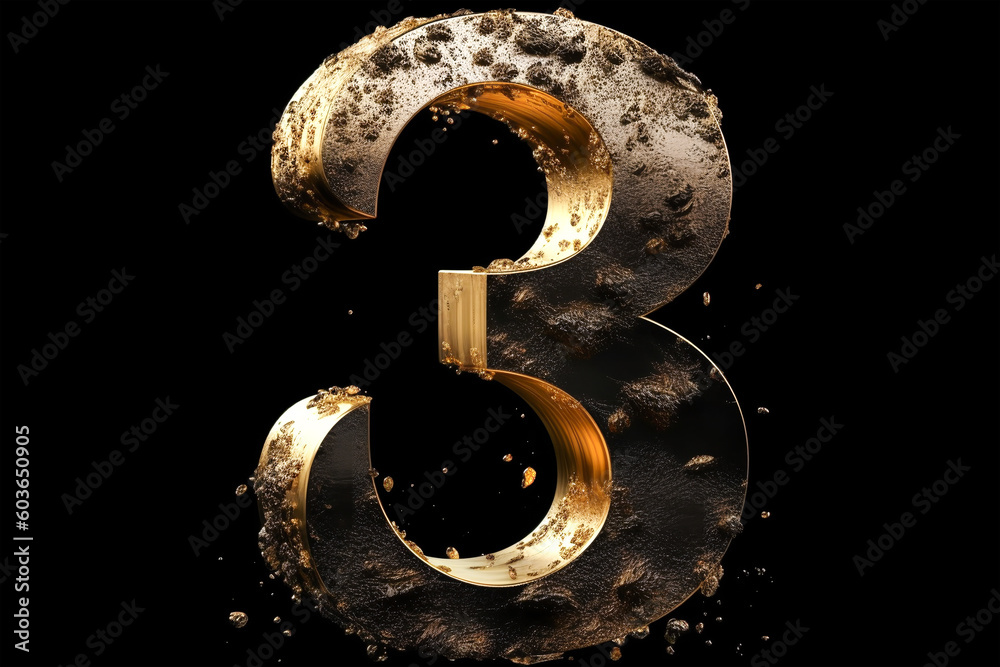 Stone style font.Golden number 3, three, forged from stone. third place ...