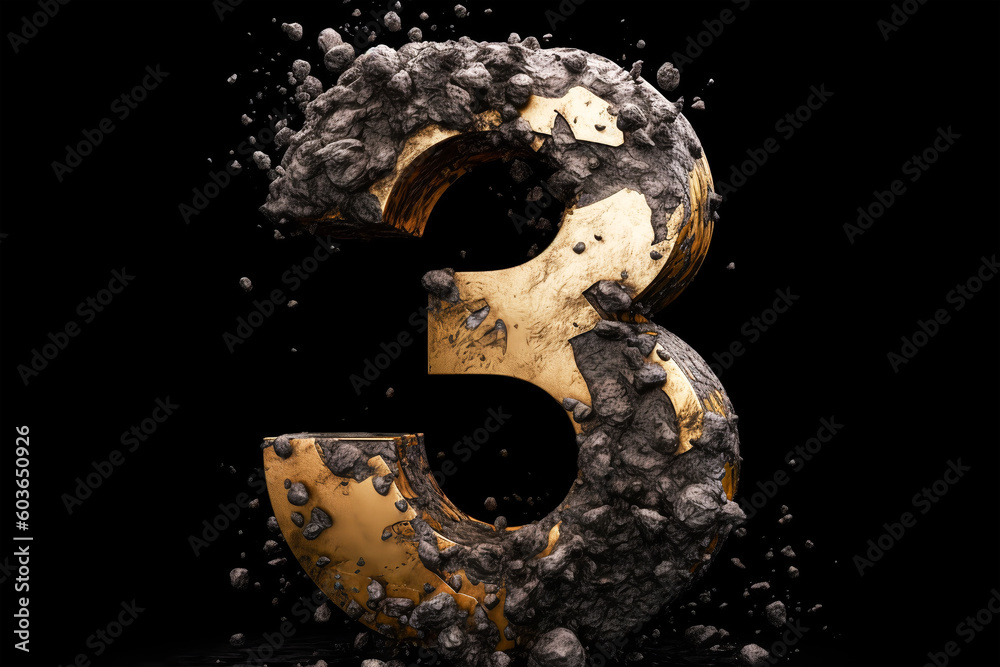 Stone style font.Golden number 3, three, forged from stone. third place ...