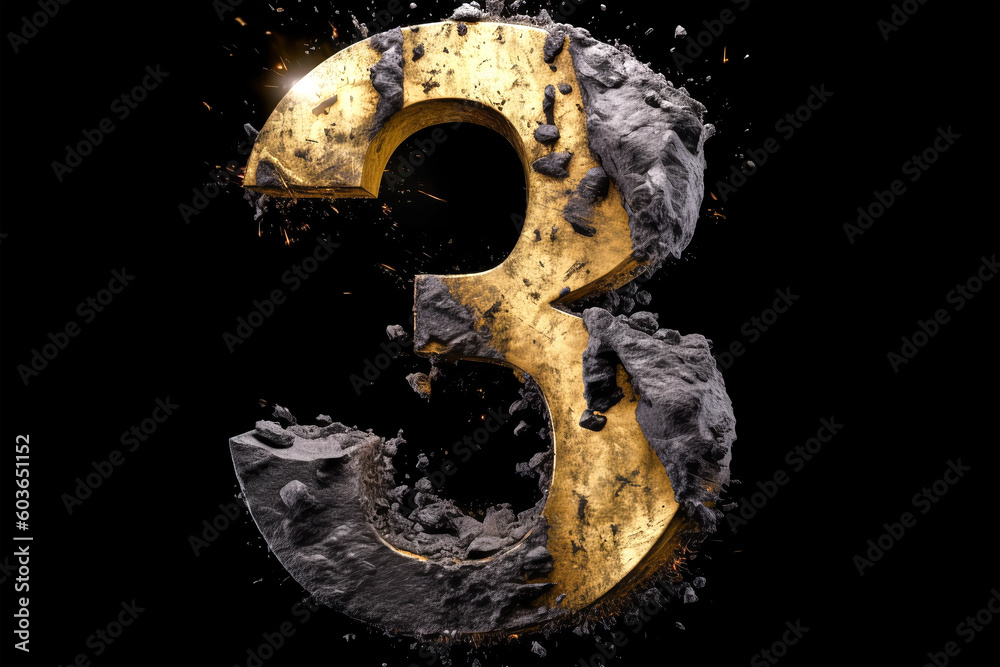 Stone style font.Golden number 3, three, forged from stone. third place ...