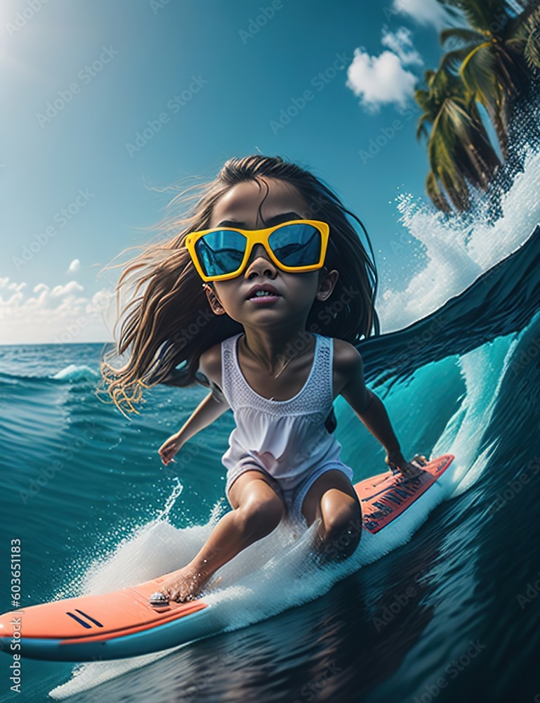 Cute Kawaii hyper realistic little girl surfing in the sea, wearing ...