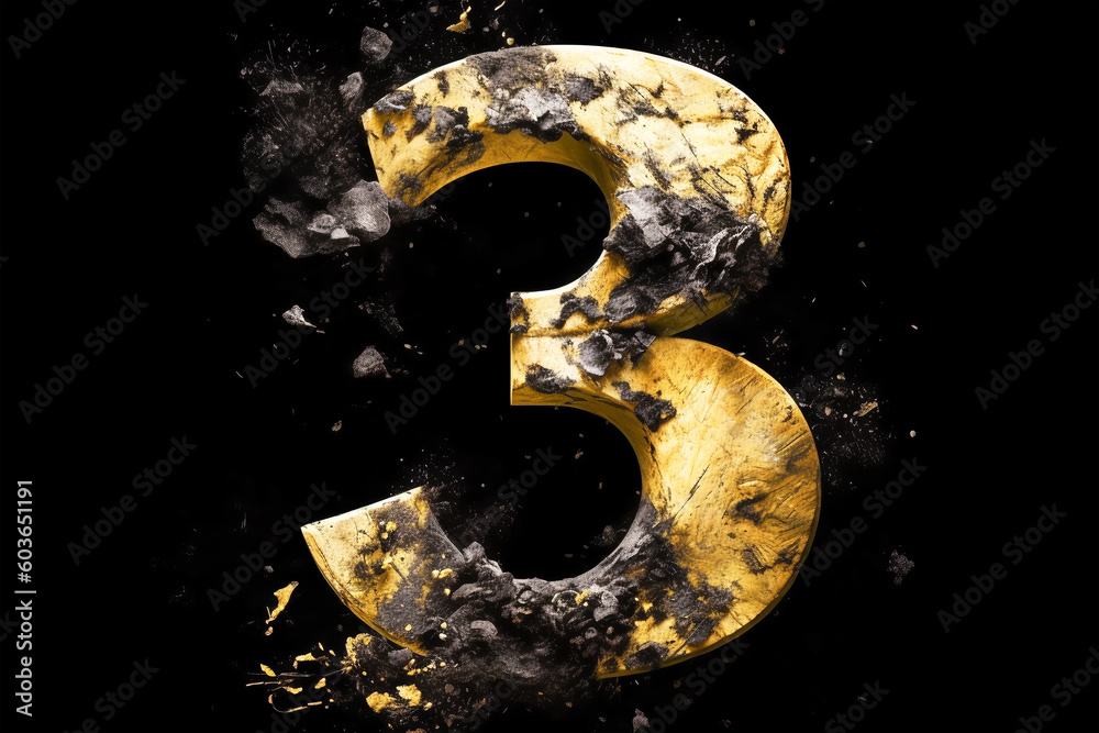 Stone style font.Golden number 3, three, forged from stone. third place ...