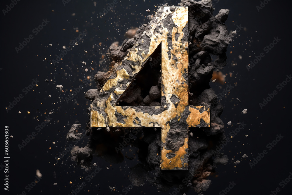 Stone style font.Golden number 4, four, forged from stone. Anniversary ...