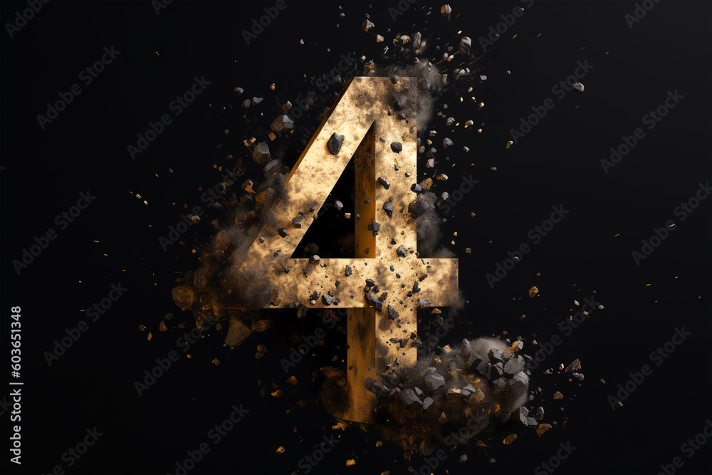 Stone style font.Golden number 4, four, forged from stone. Anniversary ...