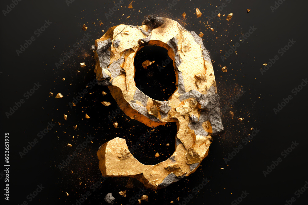 Stone style font.Golden number 9,nine, forged from stone. Anniversary ...