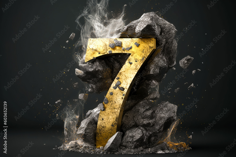 Stone style font.Golden number 7,seven, forged from stone. Anniversary ...