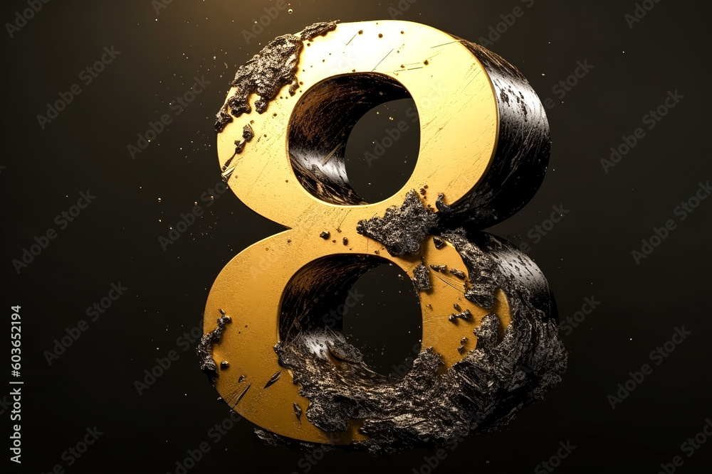 Stone style font.Golden number 8, eight, forged from stone. Anniversary ...