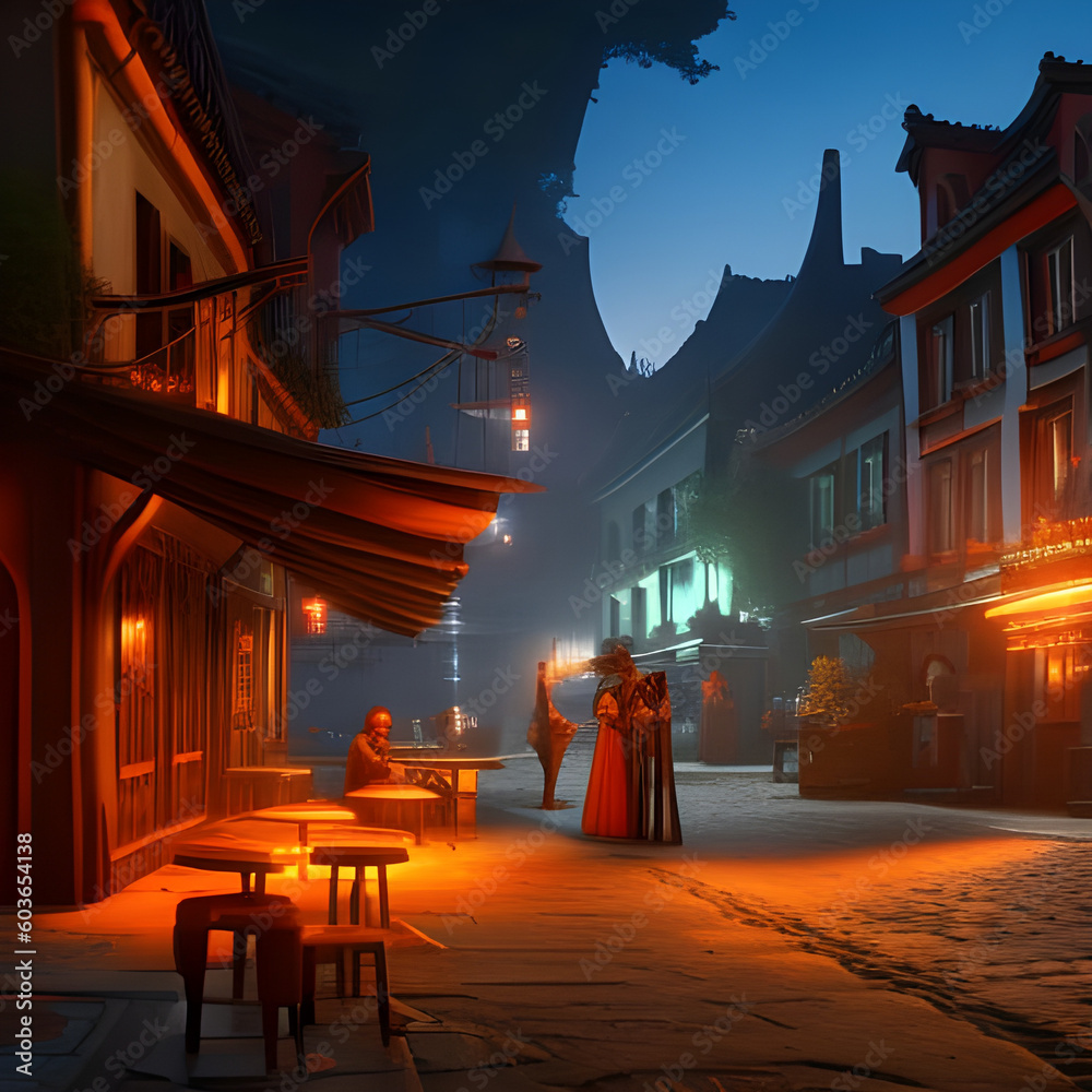 Cozy magical street café at night. Warm glow over patrons relaxing at ...