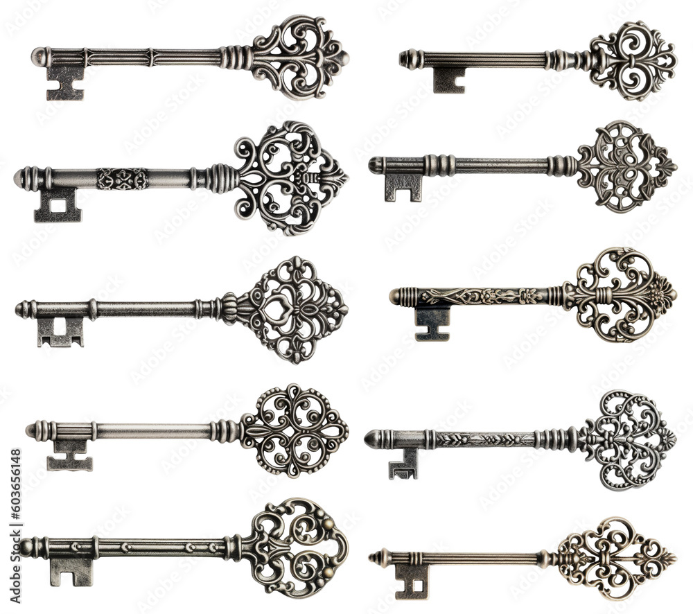 ten different silver skeleton keys on a transparent background ...