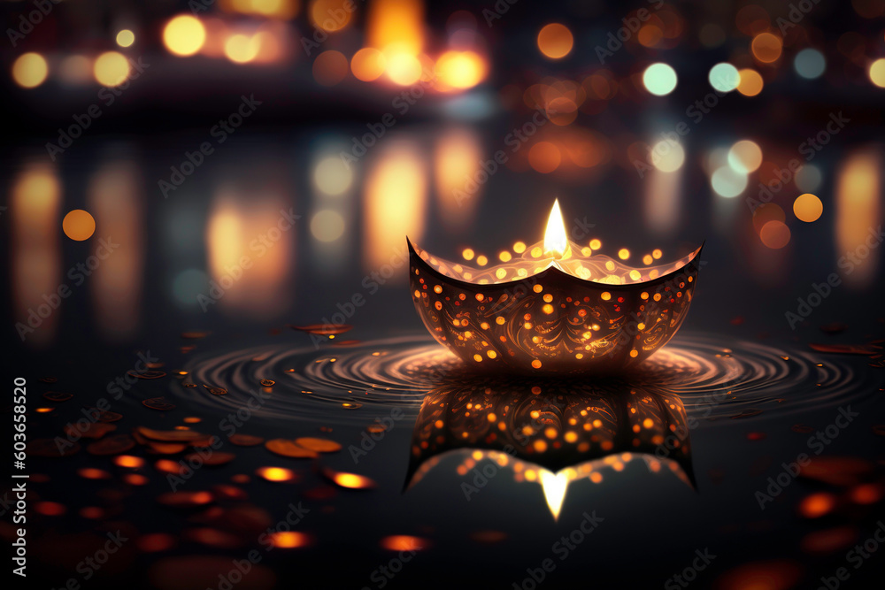 Diwali festival lights floating on water. Created using Generative AI ...