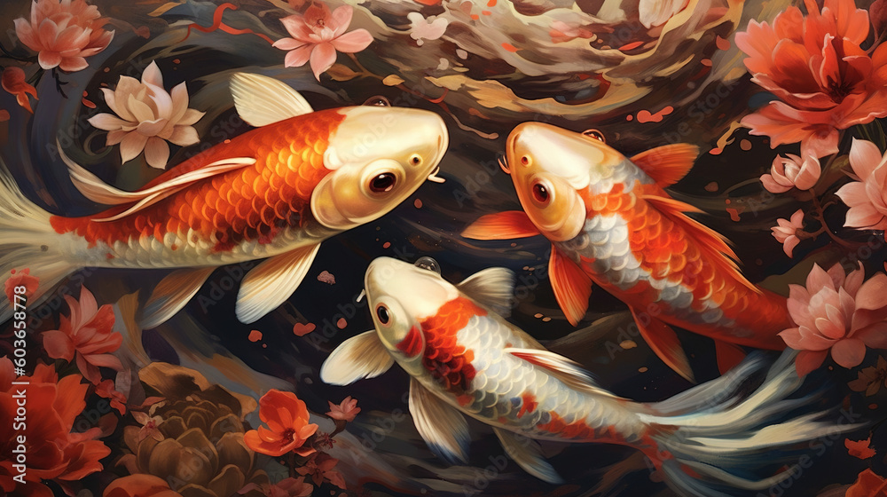 an illustration of koi fish. style of photorealistic compositions, dark ...