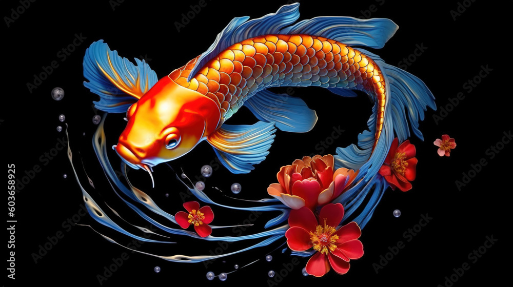 an illustration of koi fish. style of photorealistic compositions, dark ...