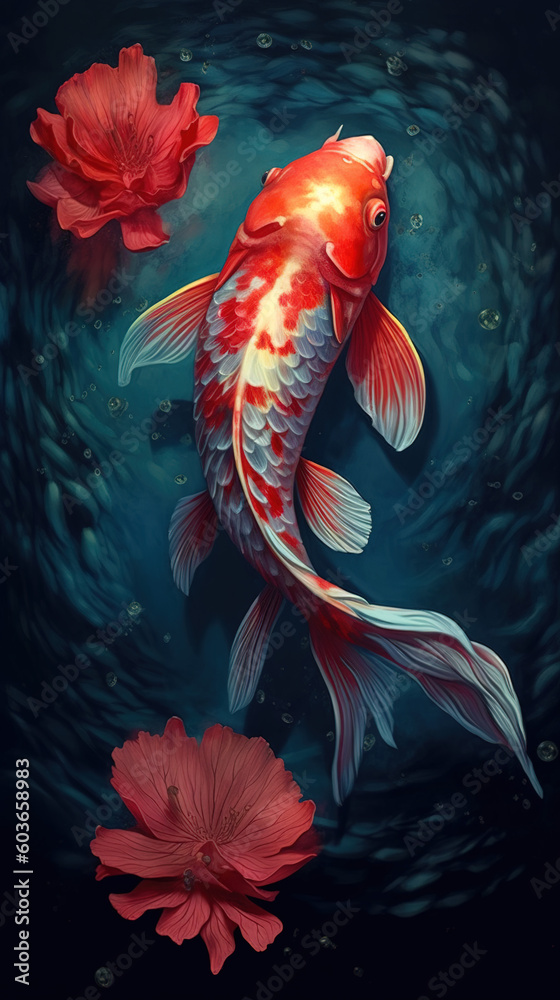 an illustration of koi fish. style of photorealistic compositions, dark ...