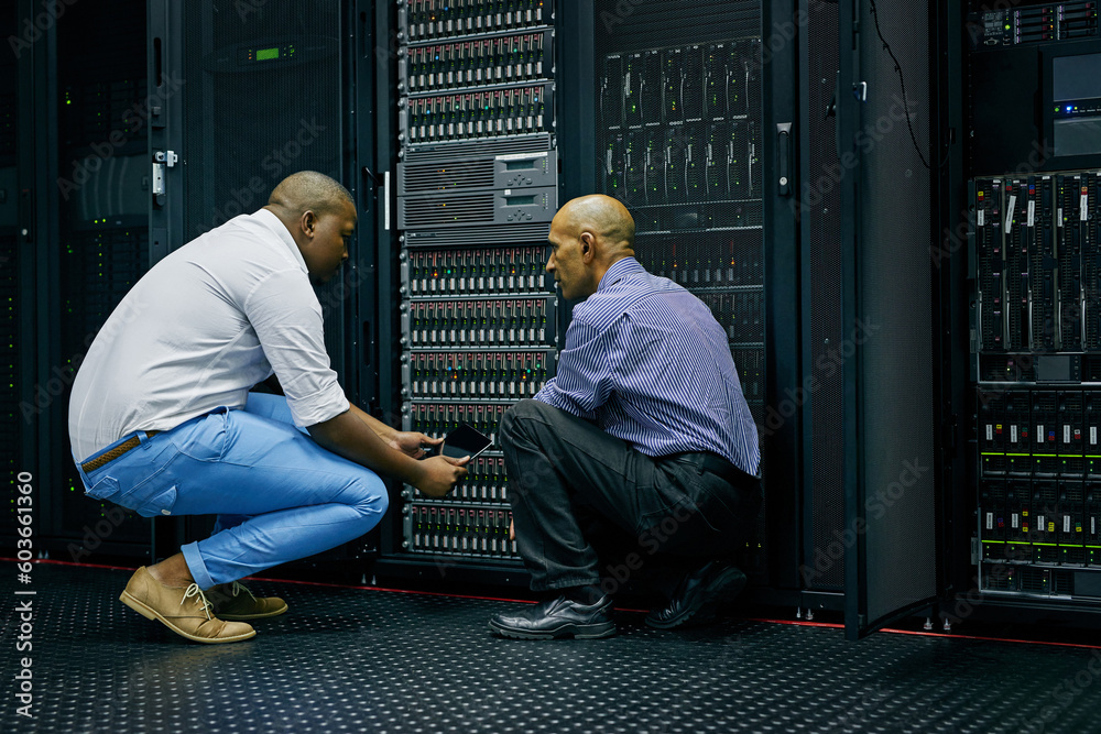 Server room, men or technicians talking about hardware together for a ...