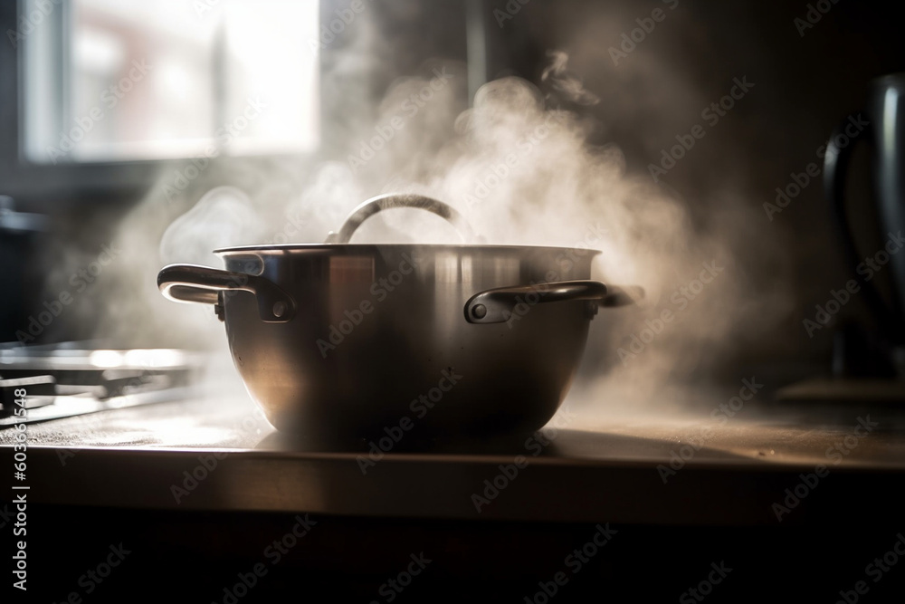 A blurred kitchen background with steam rising from a boiling pot on ...