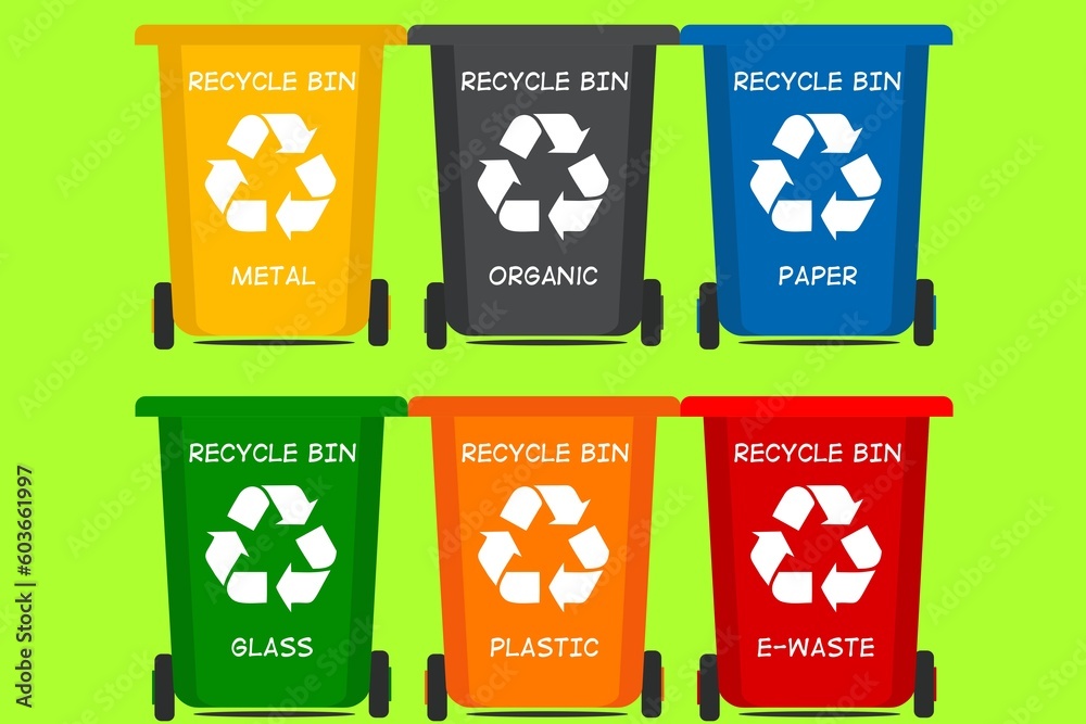 Different colored recycle waste bins vector illustration, Waste types ...