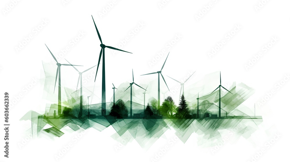 Green energy concept through a sketch of wind turbines, isolated on a ...