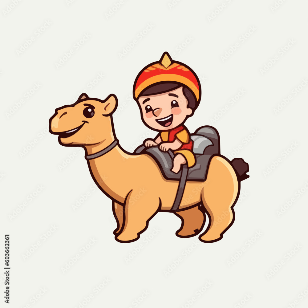 Eid Al Adha Cartoon Illustration, Playful Child Riding a Desert Camel ...