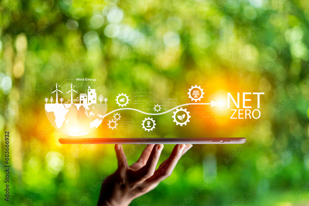 net zero concept Hand holding net zero icon on blurred smart phone. It ...
