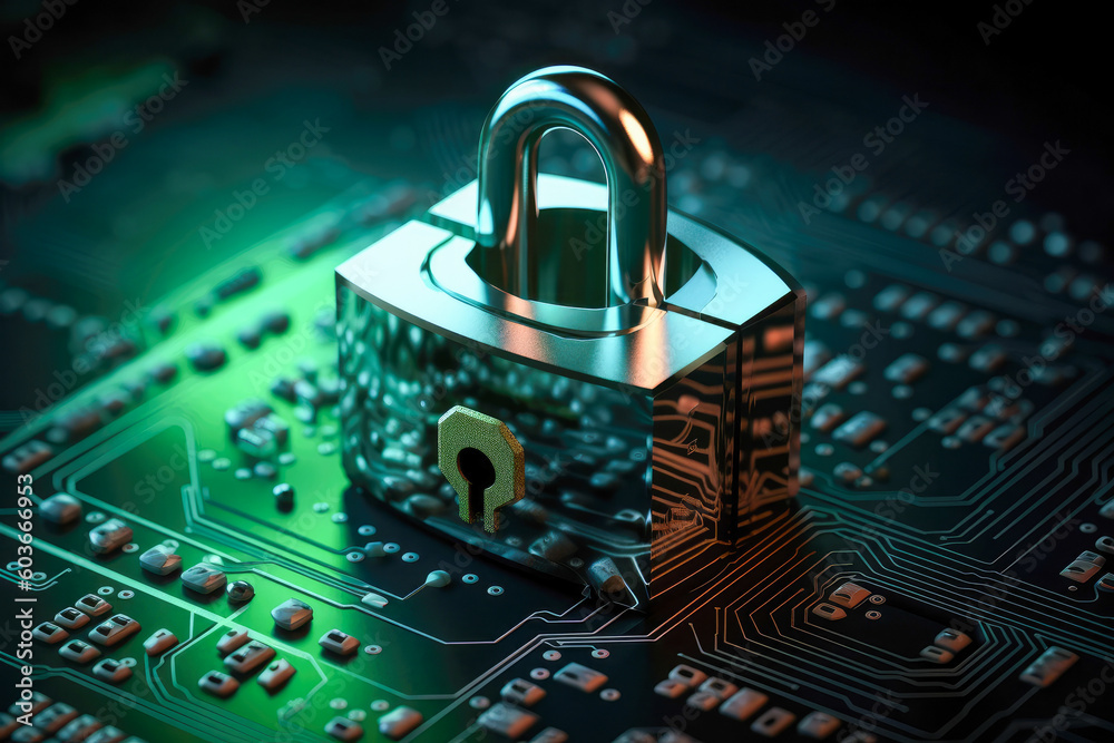 Secure padlock on motherboard protecting against phishing, hacking ...
