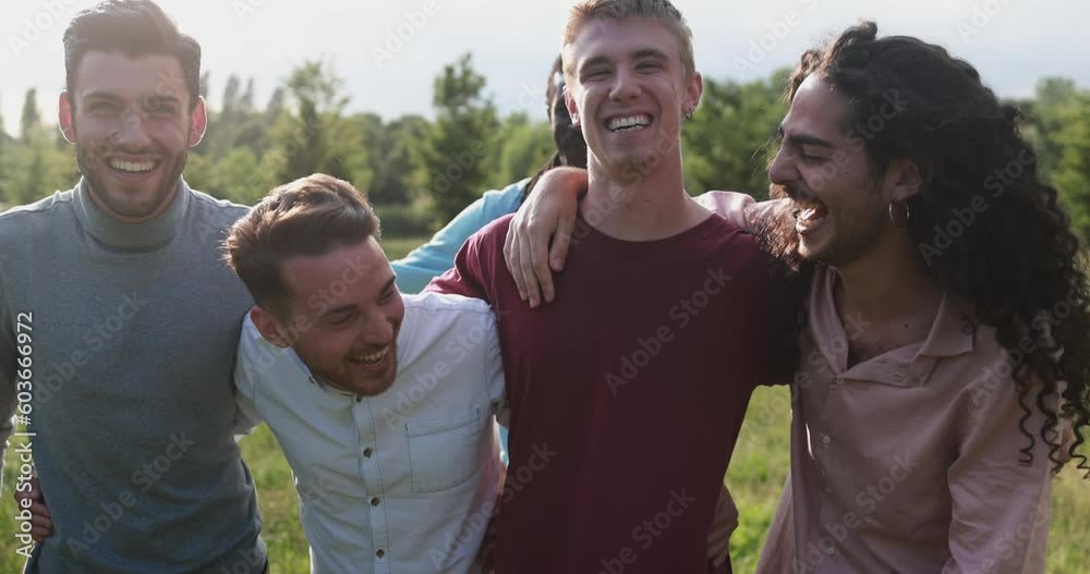 Happy male friends having fun together outdoor - Group of young men ...