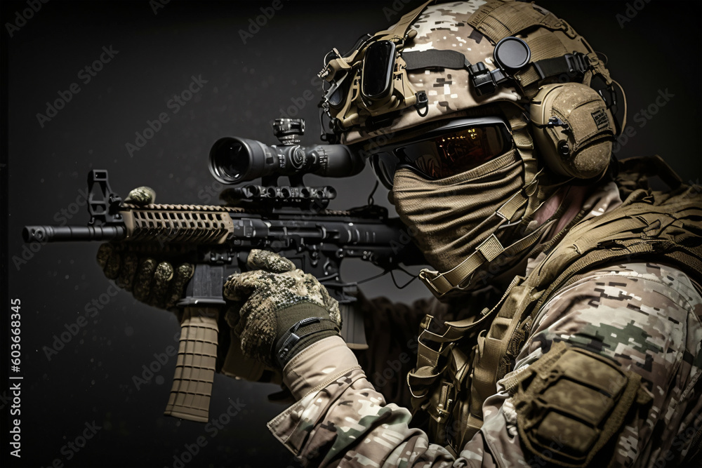 Close-up studio photo. elite unit, special forces soldier in camouflage ...