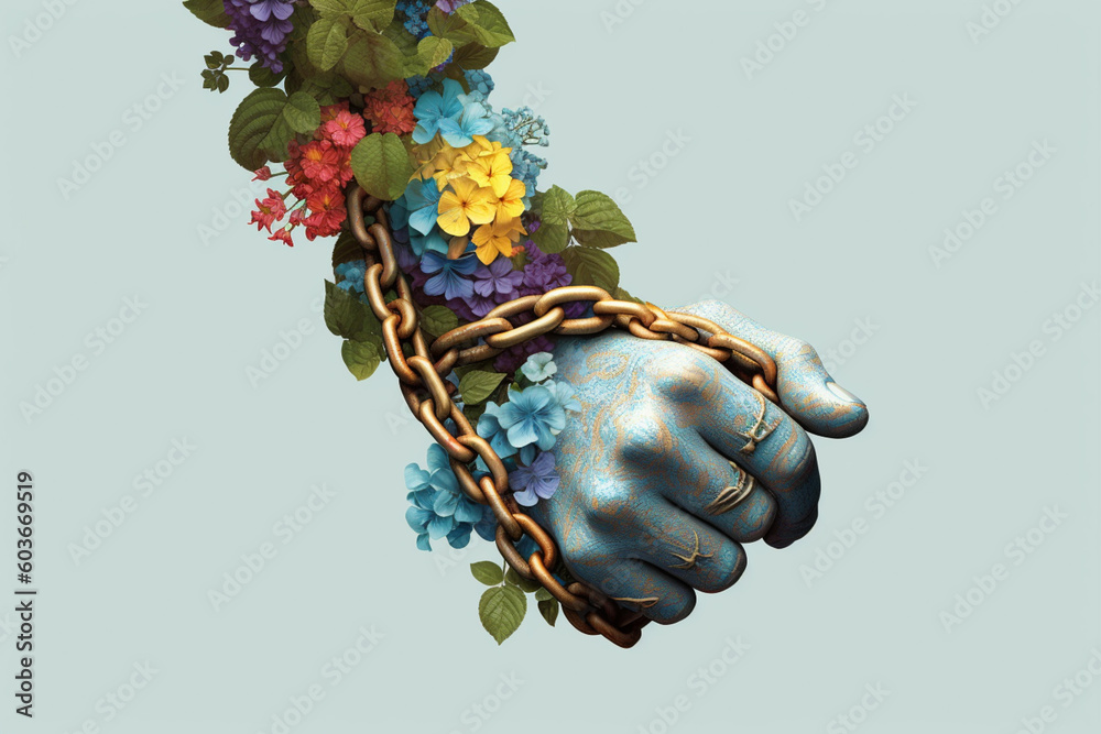 An illustration of a human hand with chains wrapped around it, slowly ...